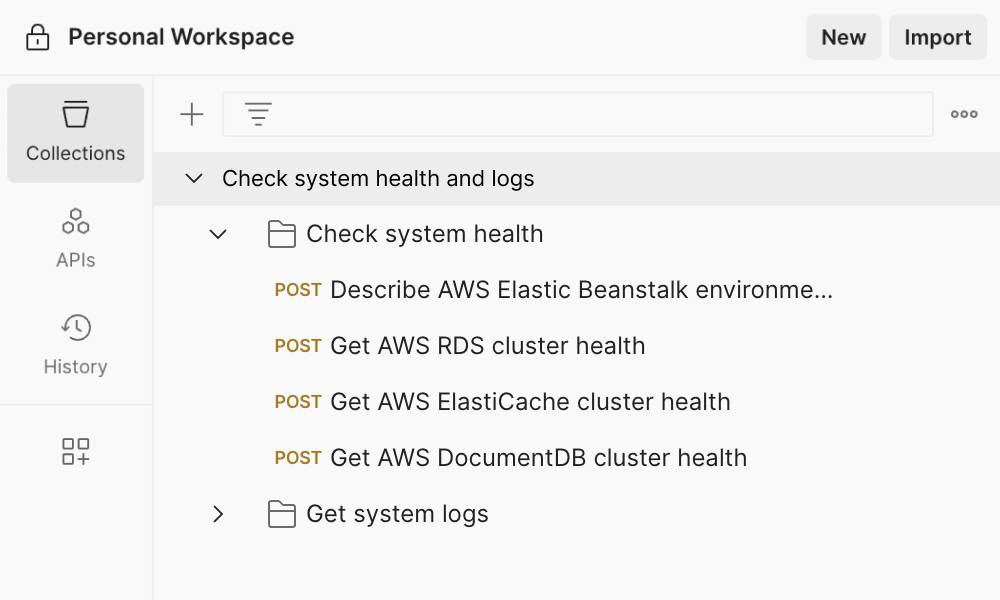 Check system health and logs template | Postman API Platform
